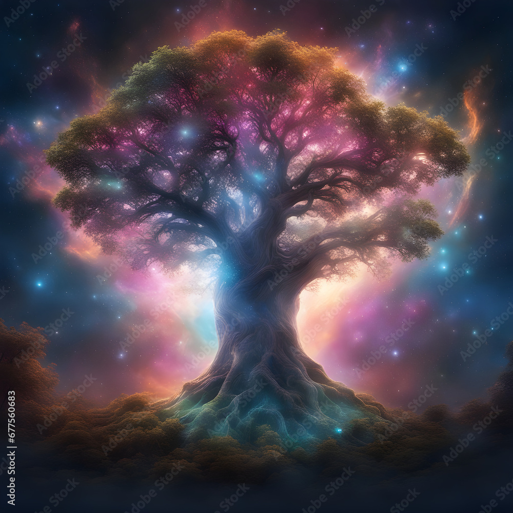 The birth of creation as a leafy tree in an epic galactic sky ...
