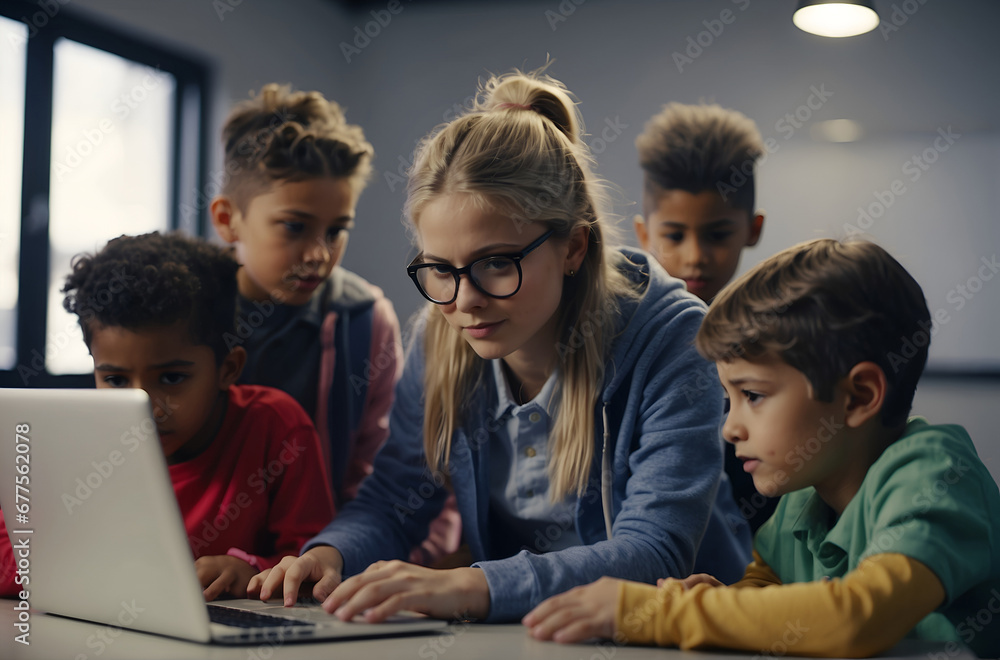Coding school teacher showing a group of curious children how to write ...