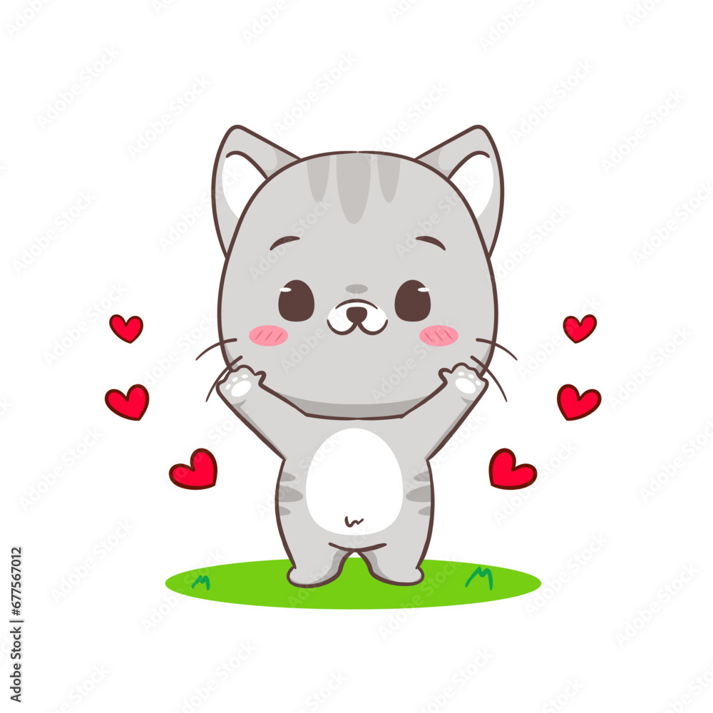 Cute Cat cartoon character waving hand. Chibi Adorable animal concept ...