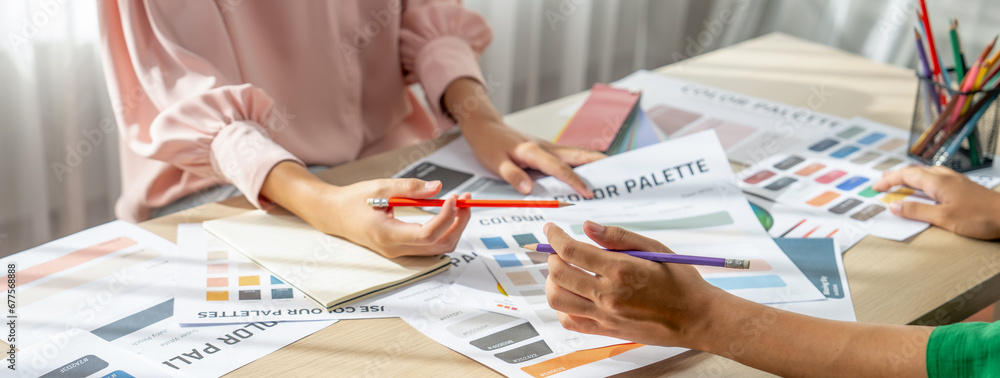 Cropped image of professional interior designers discuss and brainstorm ...