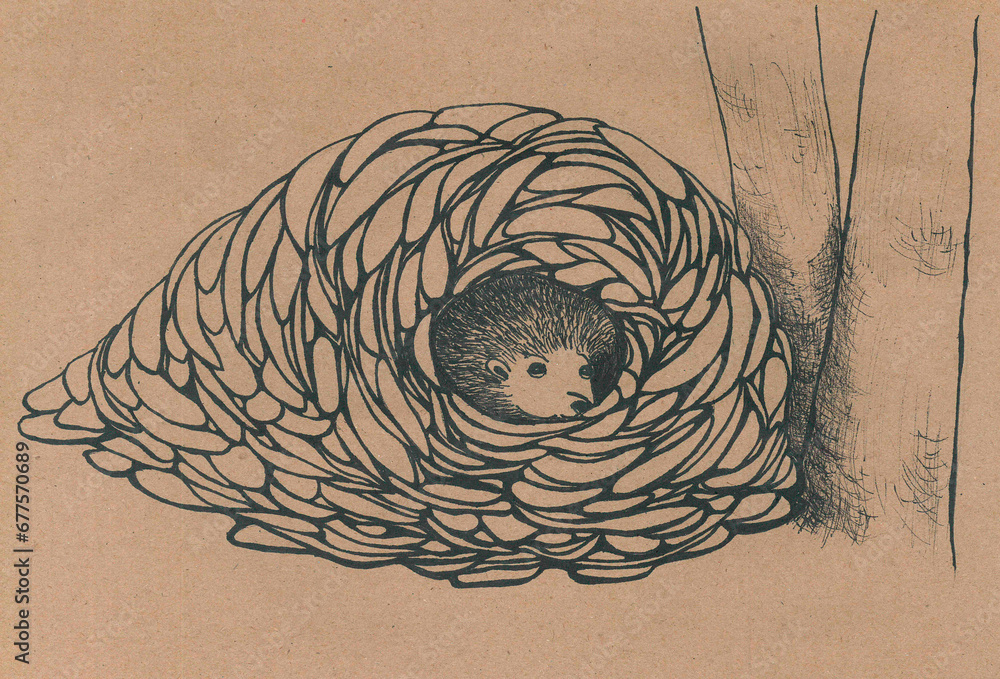 Cute hedgehog in a mink. An isolated image of a mound woven from leaves ...