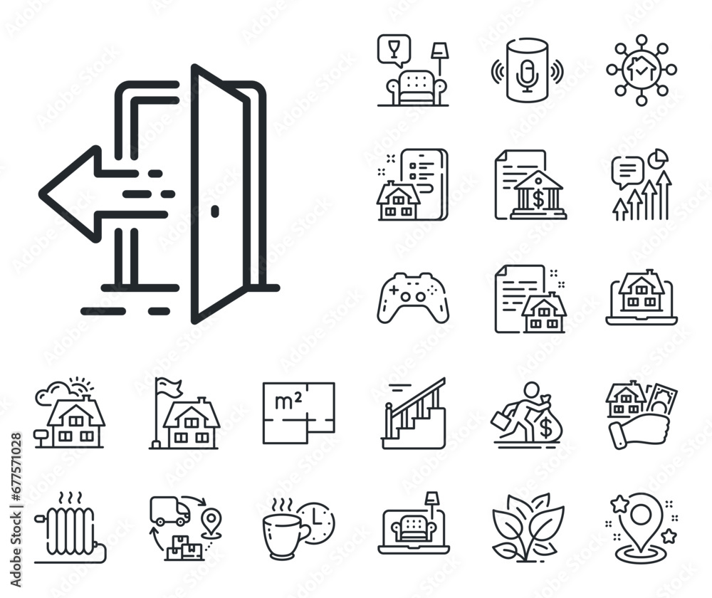 Entry door sign. Floor plan, stairs and lounge room outline icons ...