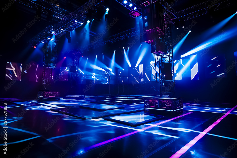 LED panels stage, holographic displays, and sleek metallic structures ...