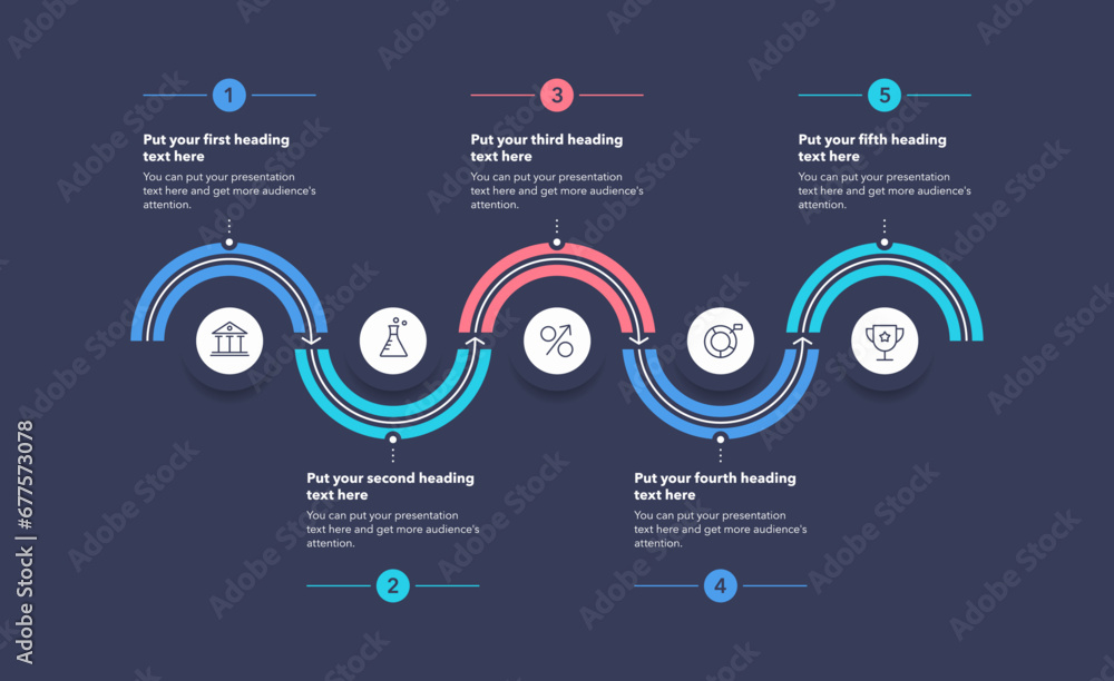 Infographic progress diagram with five stages with numbers and ...