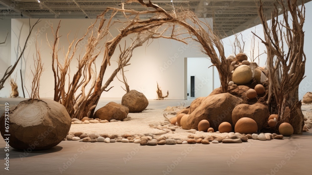Earthy art installation with dried branches forming an arch and ...