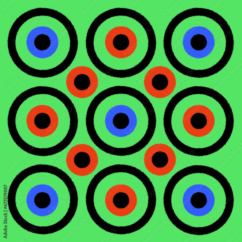Multicoloured concentric circles on a bright green background. The ...