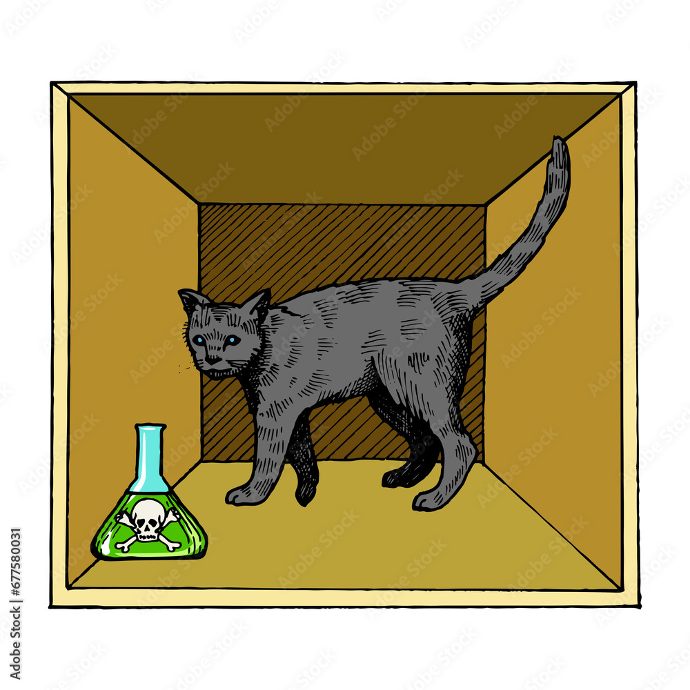 Shroedinger cat in box experiment with poison engraving sketch style ...