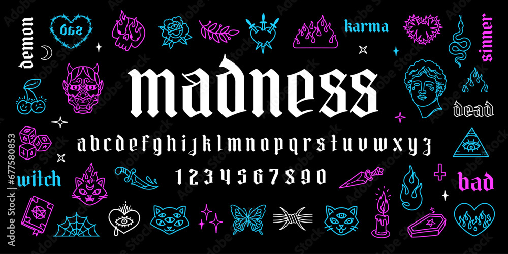 "Madness" gothic tattoo art font type. Aesthetic 2000s neon gothic punk ...