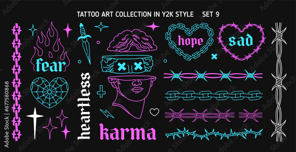 Y2k Glam Tattoo Art set 9 in 1999s 2000s style. Y2k Emo Goth heart ...