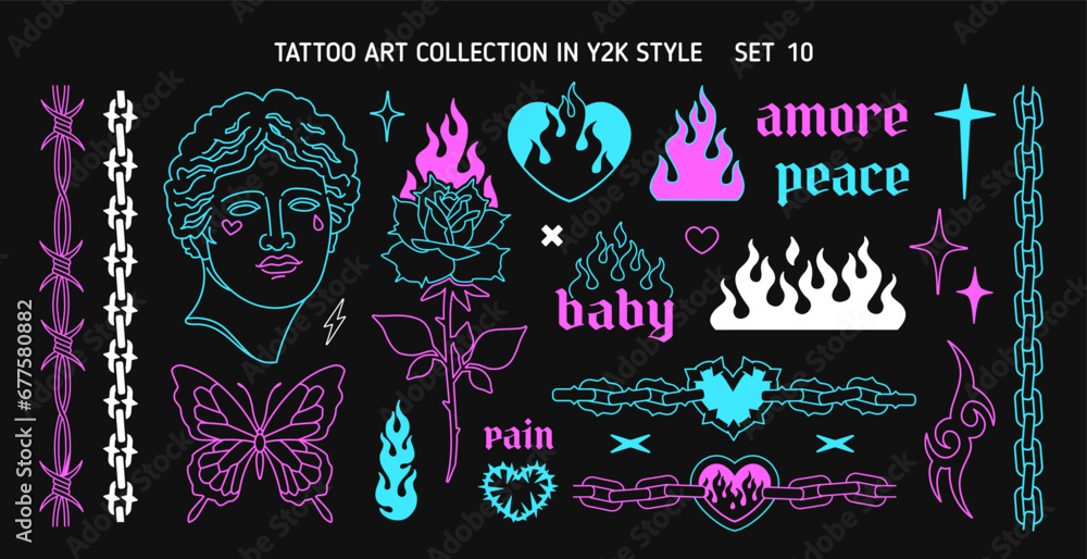 Y2k Glam Tattoo Art set 10 in 1999s 2000s style. Y2k Emo Goth heart ...