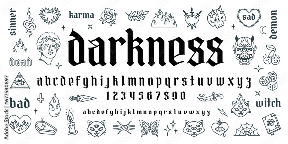 "Darkness" gothic tattoo art font type. Aesthetic 2000s gothic punk ...