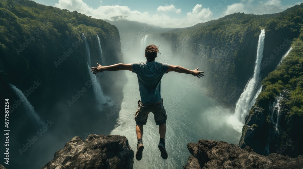 Jumping man, Man jumping from cliff into water at waterfall. Stock ...