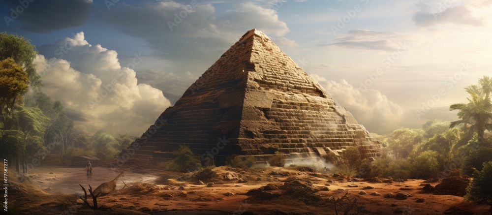 The ancient pyramid with its stone walls and old construction stands as ...