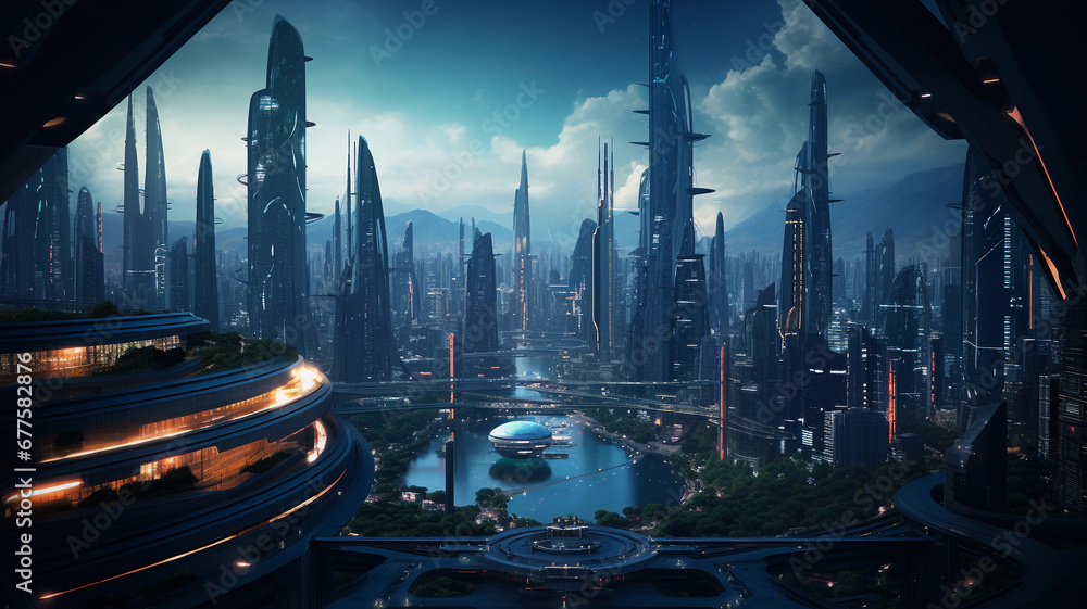 Futuristic Smart City Concept Illustration. Landscape with skyscrapers ...