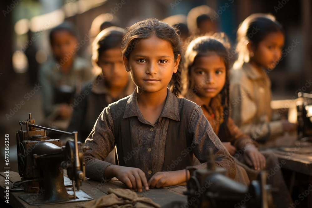 Child labour, children sewing clothes for textile and fashion industry ...