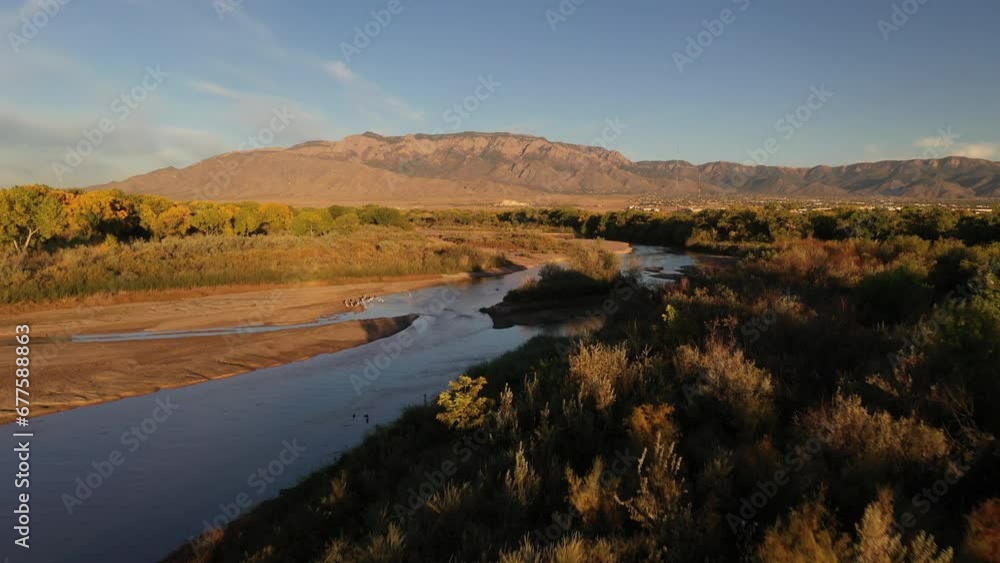 Rio Grande Bosque in the Fall - Aerial over Rio Grande River with ...