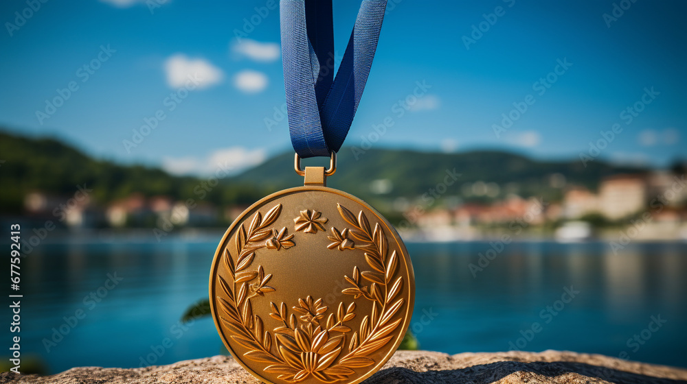 gold medal on blue background HD 8K wallpaper Stock Photographic Image ...