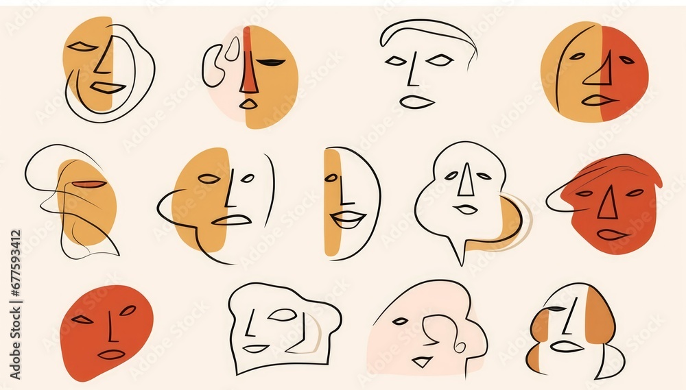 Continuous one line faces set. Contemporary abstract shapes with doodle hand drawn people face ...