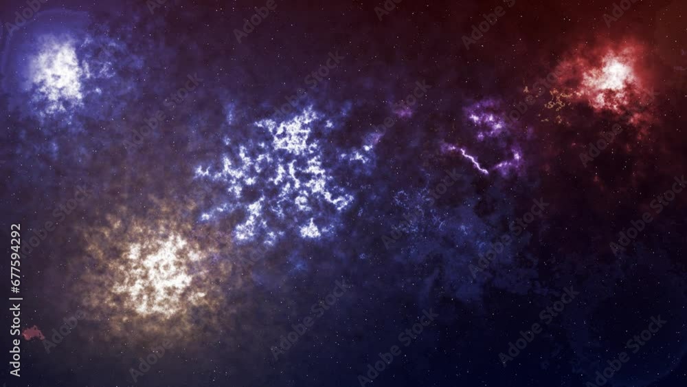 Abstract animation of outer space and nebulae. Bright flashes of red ...