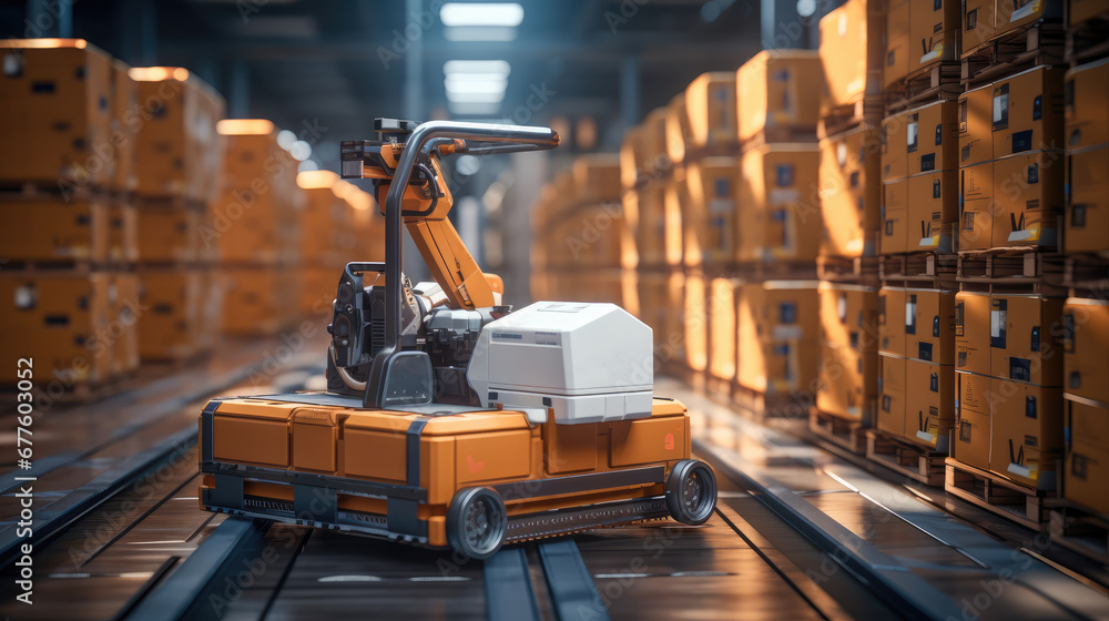 Robot forklift efficiently sorting hundreds of parcels per in smart distribution warehouse ...