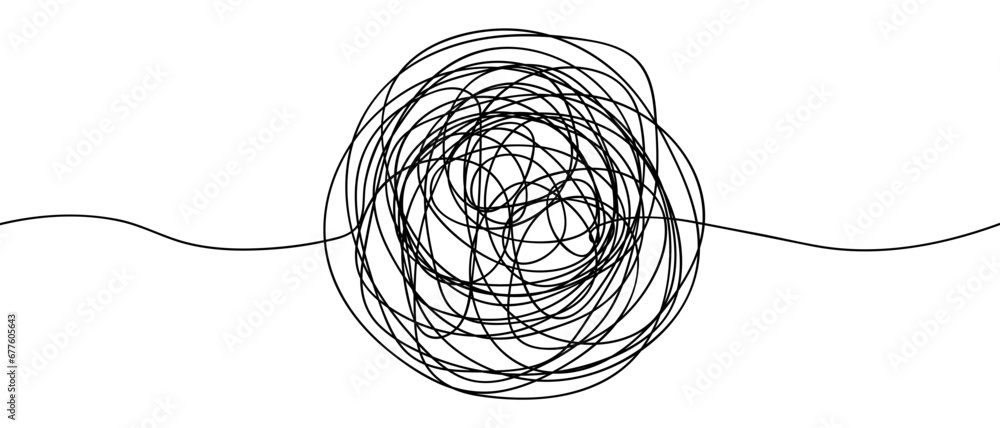 A tangle of tangled scribbles. Sketch. A round object made of twisted ...