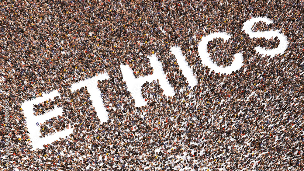 Concept conceptual large community of people forming the word ETHICS ...