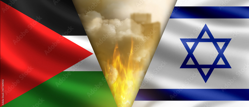Conflict between Palestine and Israel. Flags warring states. Fire and ...