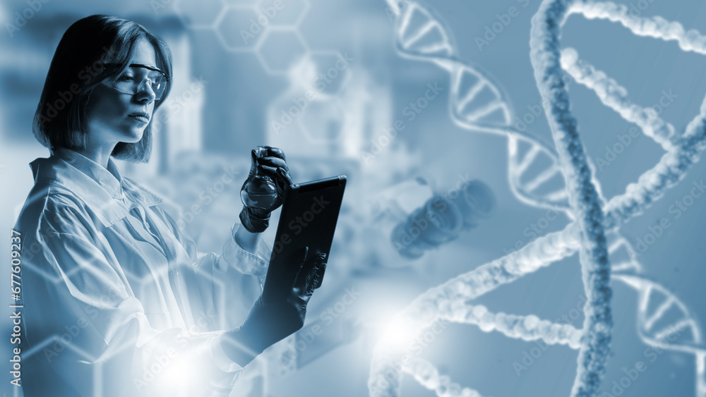 Geneticist woman. Girl is scientist near DNA chains. Geneticist with ...