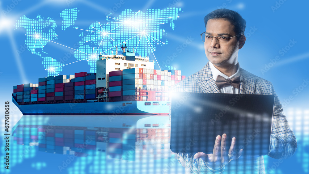 Foto de Man maritime logistics manager. Container ship. Businessman ...