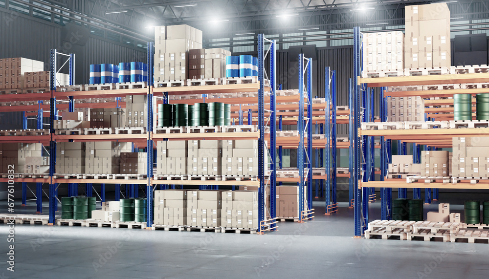 Warehouse space. Multi-tiered racks with boxes and pallets. Warehouse ...