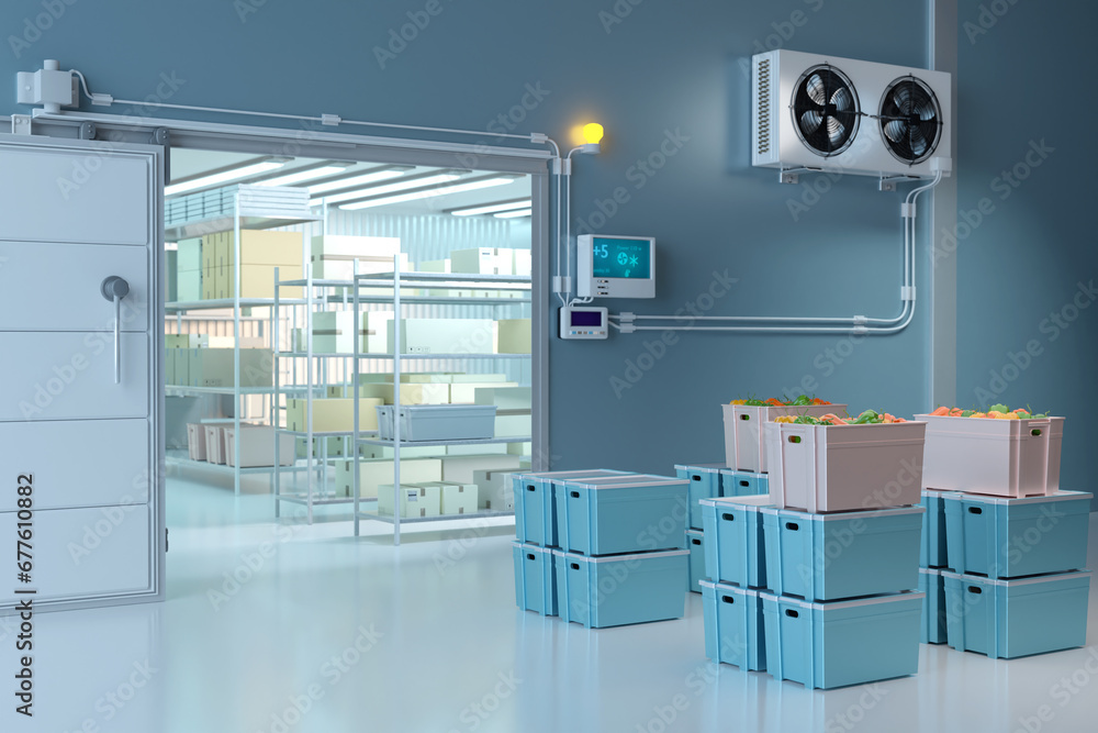 Entrance to warehouse refrigerator. Storage area for chilled products ...