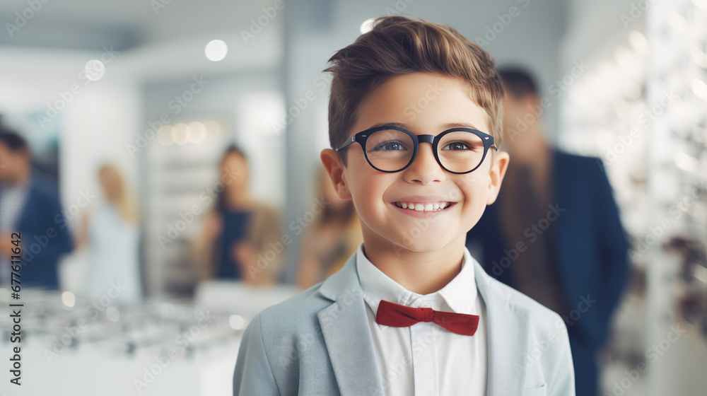 Smiling boy chooses spectacle's frames in optics store and looks at the ...