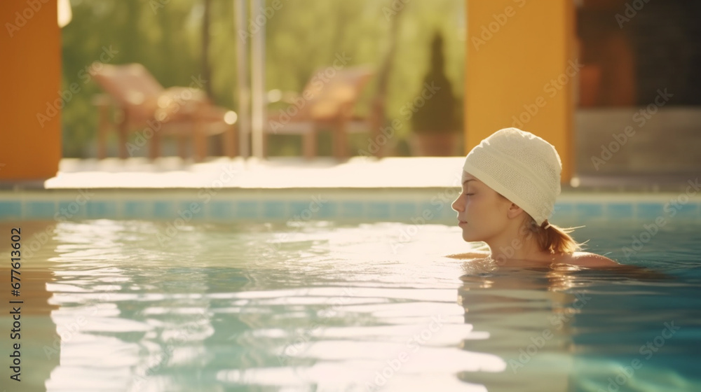 spa and wellness, young adult woman swimming in swimming pool, happy ...