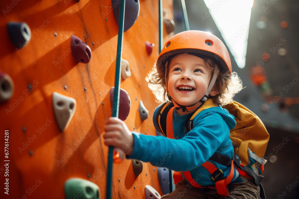 Active little child rock climbing at indoor gym. Kid climbing a rock ...