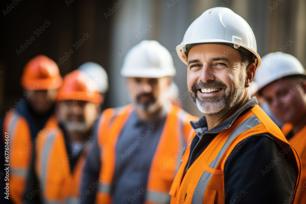 Construction workers wearing safety helmets and a uniform at ...