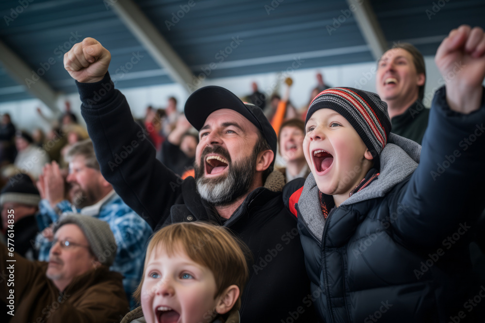 Excited parents and kids celebrating the victory of their team. Sports ...
