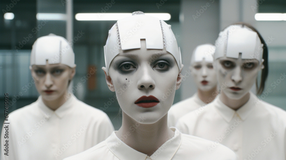 people in white masks in mirrored room, eerie and unsettling, fictional ...