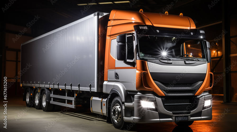 modern orange and white semi-truck parked in well-lit warehouse ...