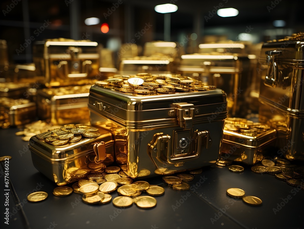 Golden chests filled with gold and silver, radiating opulence and ...
