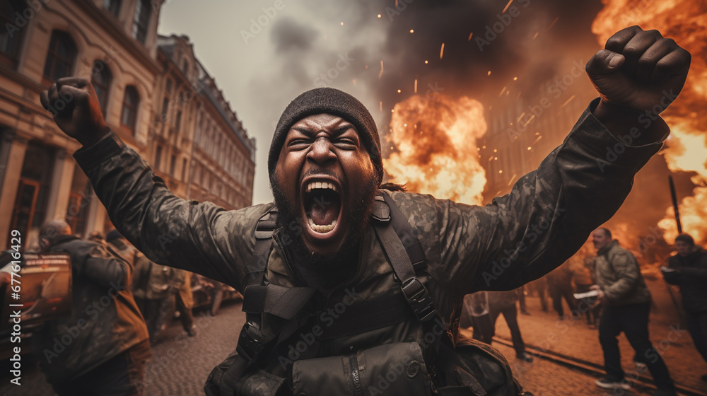 Crowd tumult, an intense riot. A central man stands, yelling, amid a ...