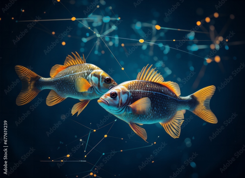 Synthetic Golden Perches Networking. Two golden perch fish with digital ...