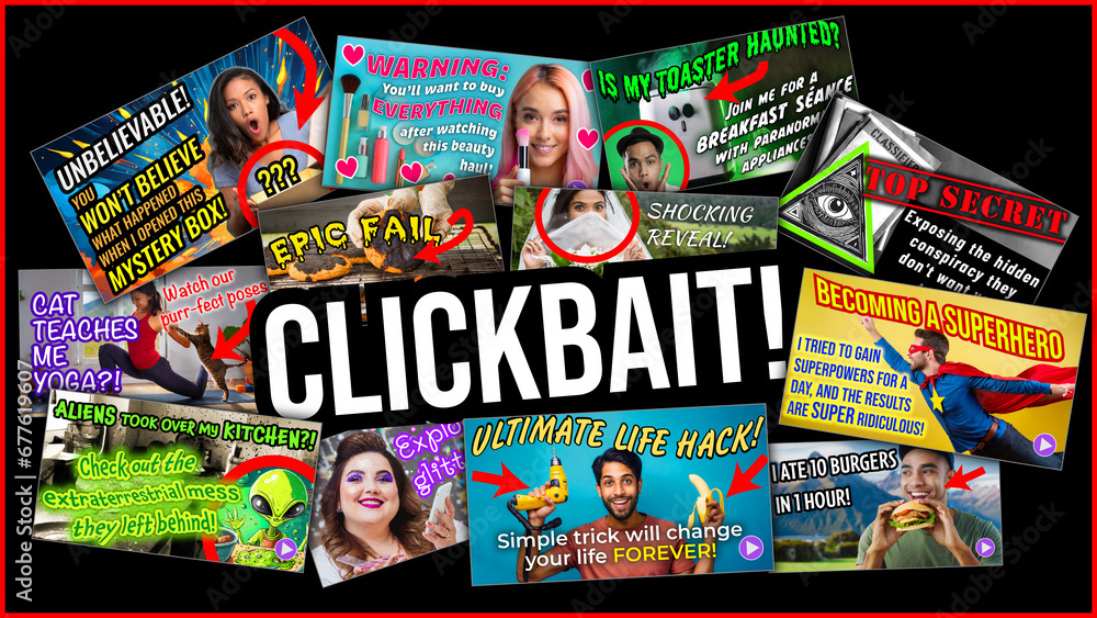 Clickbait concept. Video thumbnails illustration. My own original ...