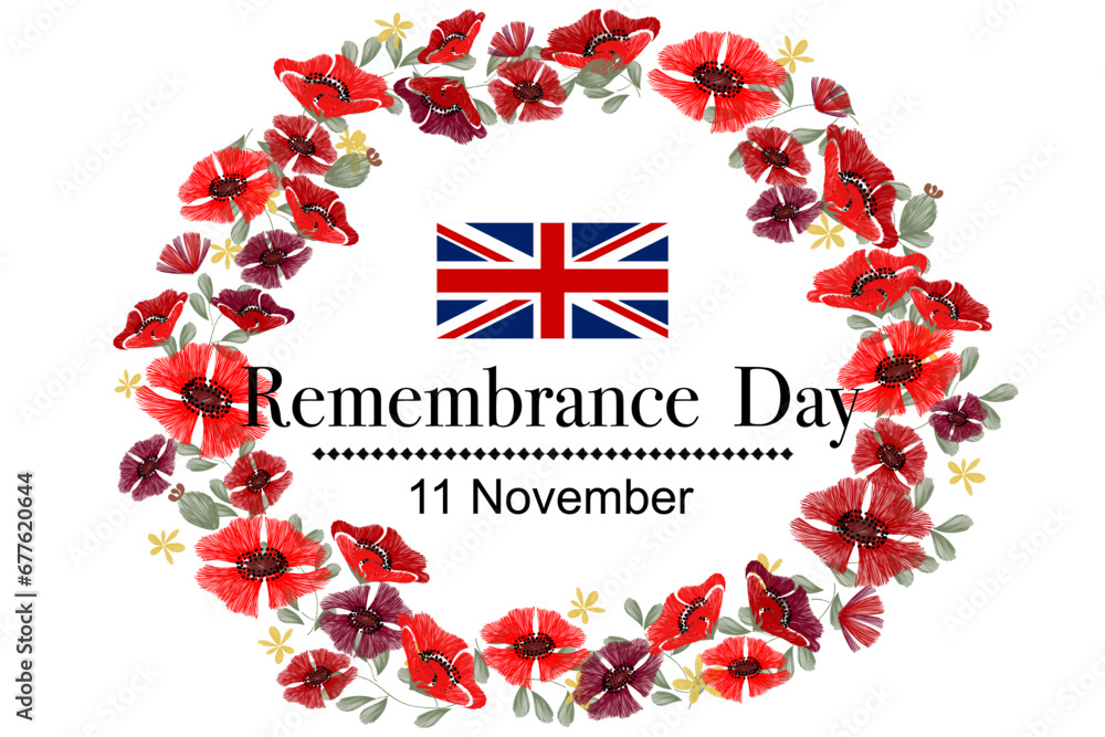 Remembrance Day vector background banner. Red Poppy flower . Union Jack ...