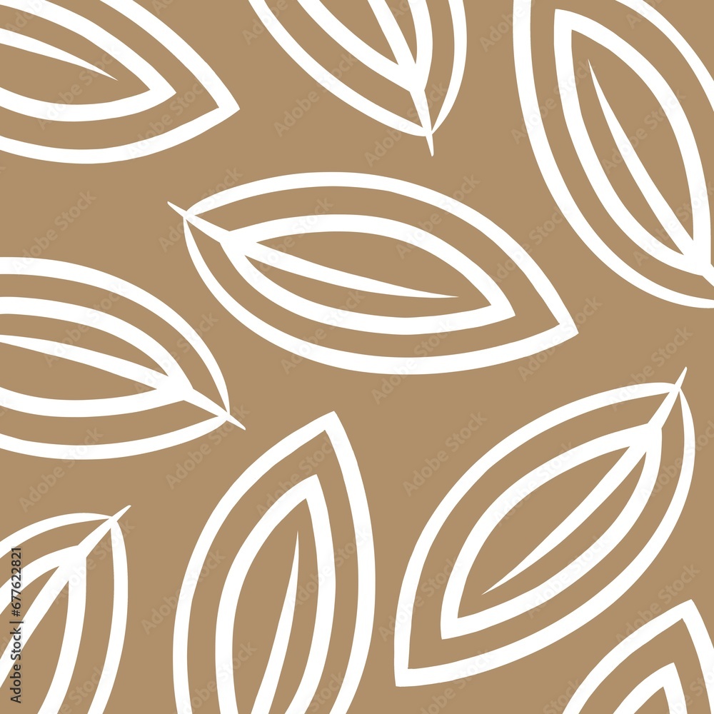 All over leaf pattern in white on a neutral beige background. This ...