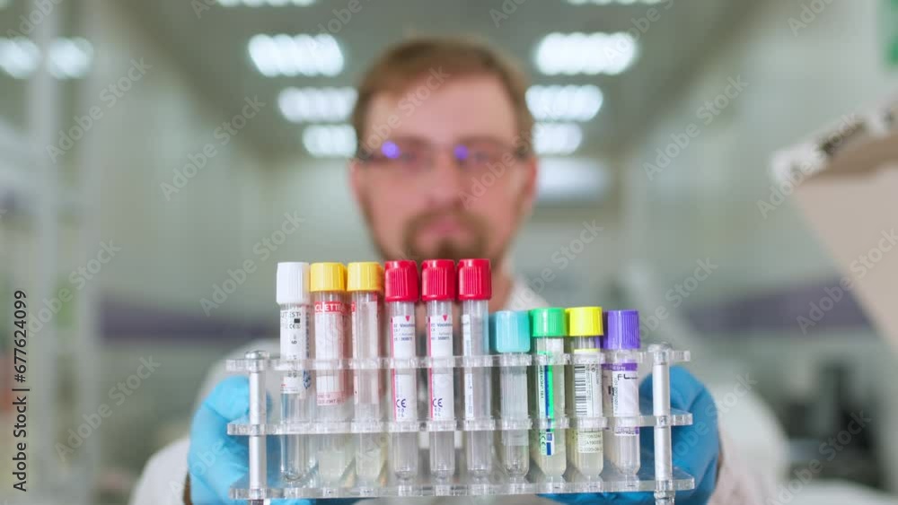 Scientist wearing white lab coat, goggles and latex gloves performing ...