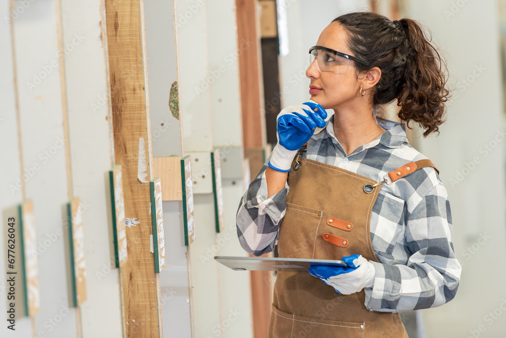 Carpenter woman one smile young aged standing aim working on wood plank ...