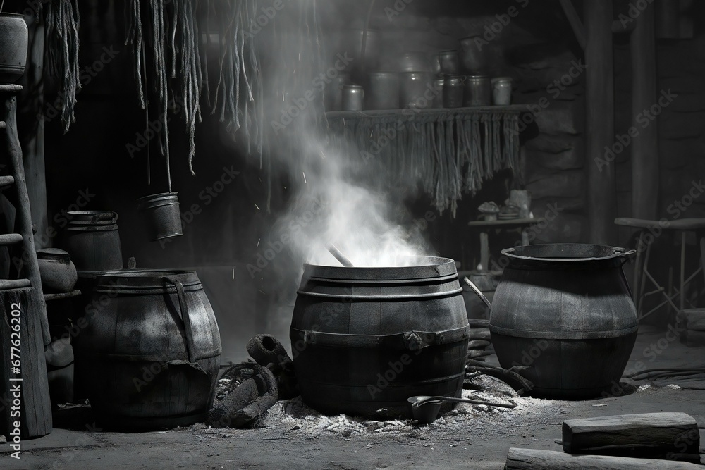 Black and white image of a cauldron with boiling water in a pot Stock ...