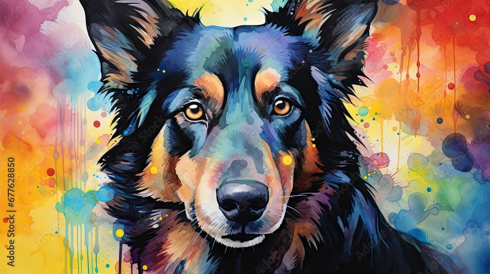 a close up of a dog's face with colorful paint splattered on the side ...