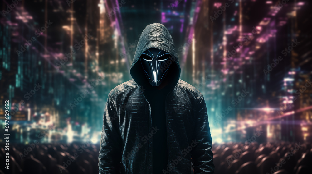 Anonymous hacker in the hood hiding his face under a mask, agains ...