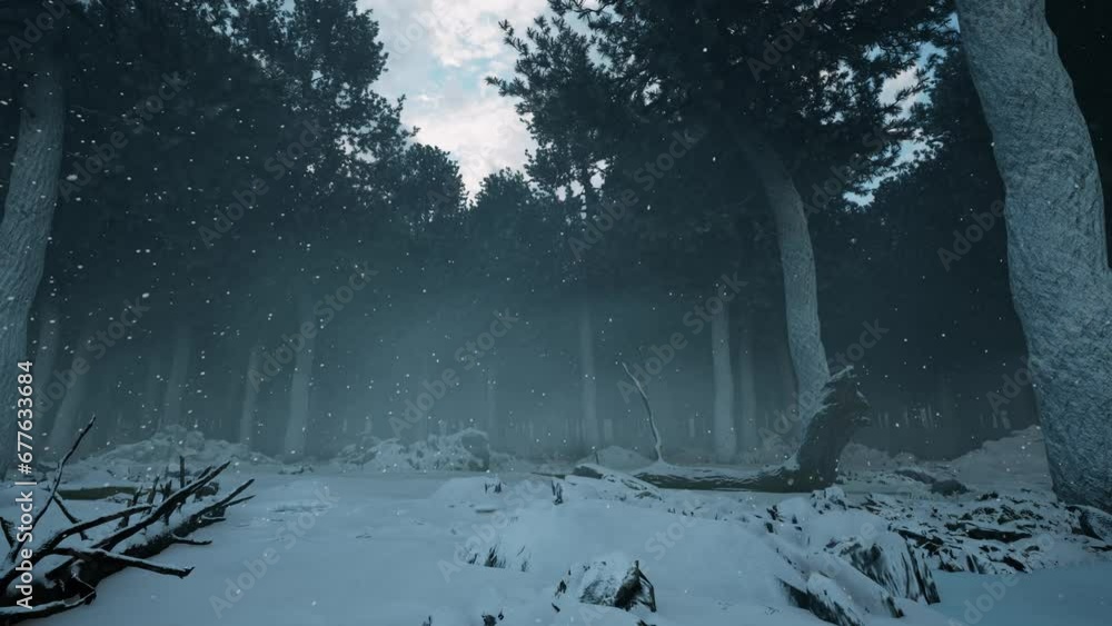 a dark, eerie pine forest in the winter time, with mist, snow falling ...